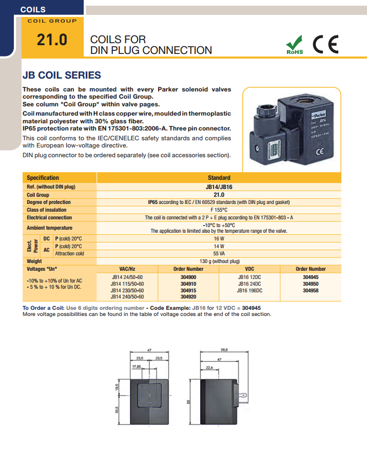 Coil điện Parker JB14 - JB16 - Cao Đạt TAE Co.,LTD
