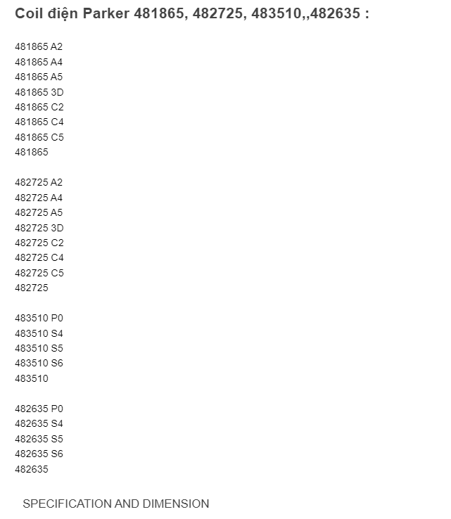 Coil điện Parker 481865, 482725, 483510,,482635 - Cao Đạt TAE Co.,LTD